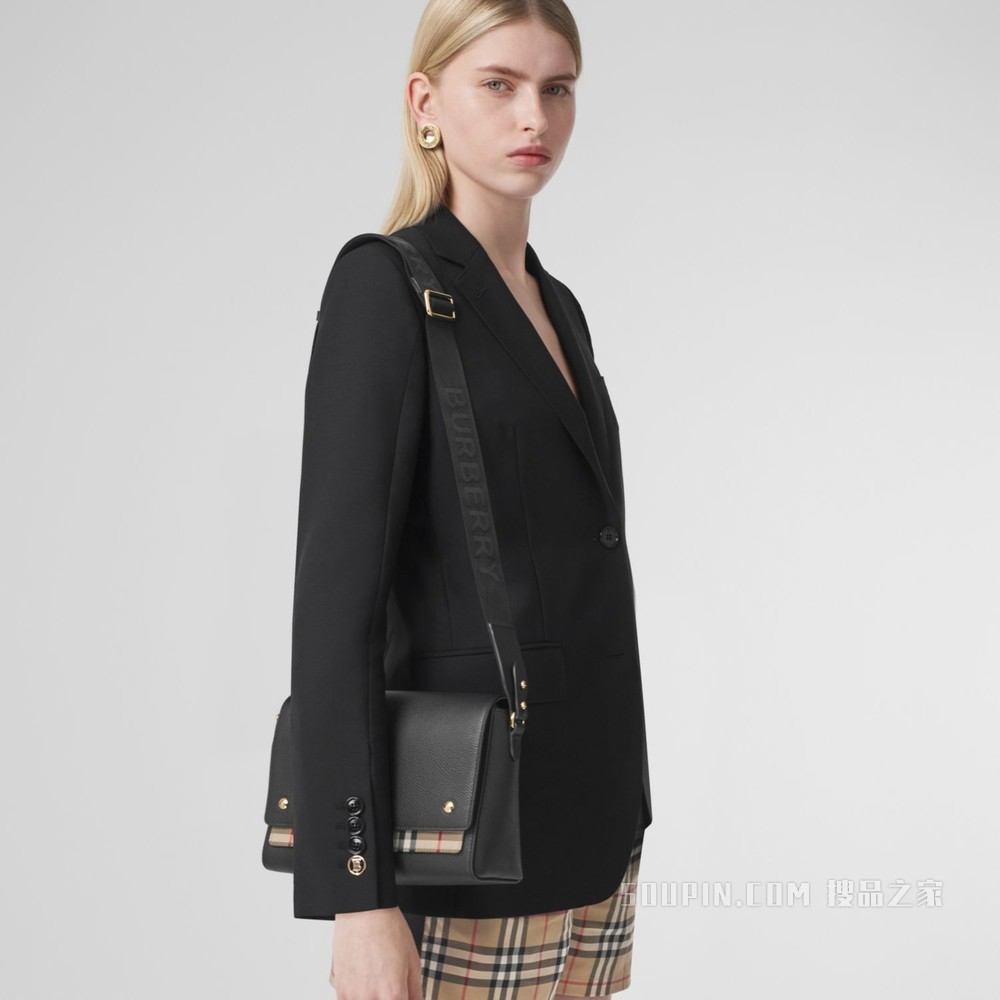 【Burberry/博柏利】Vintage 格纹拼皮革 Note 斜背包 (黑色) - 女士 80211101-搜品之家
