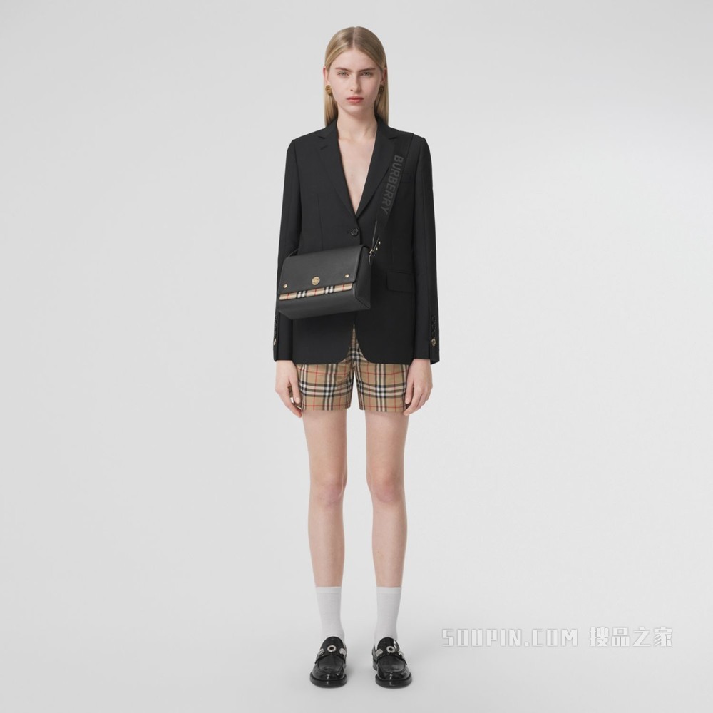 【Burberry/博柏利】Vintage 格纹拼皮革 Note 斜背包 (黑色) - 女士 80211101-搜品之家